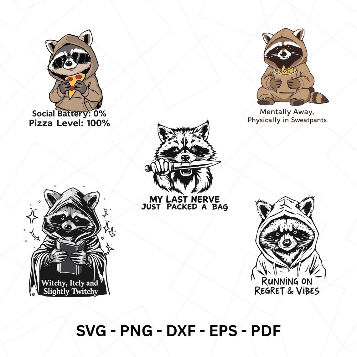 Retro Sarcastic Raccoon PNG Bundle, Funny Raccoon SVG Design Png, Funny ...