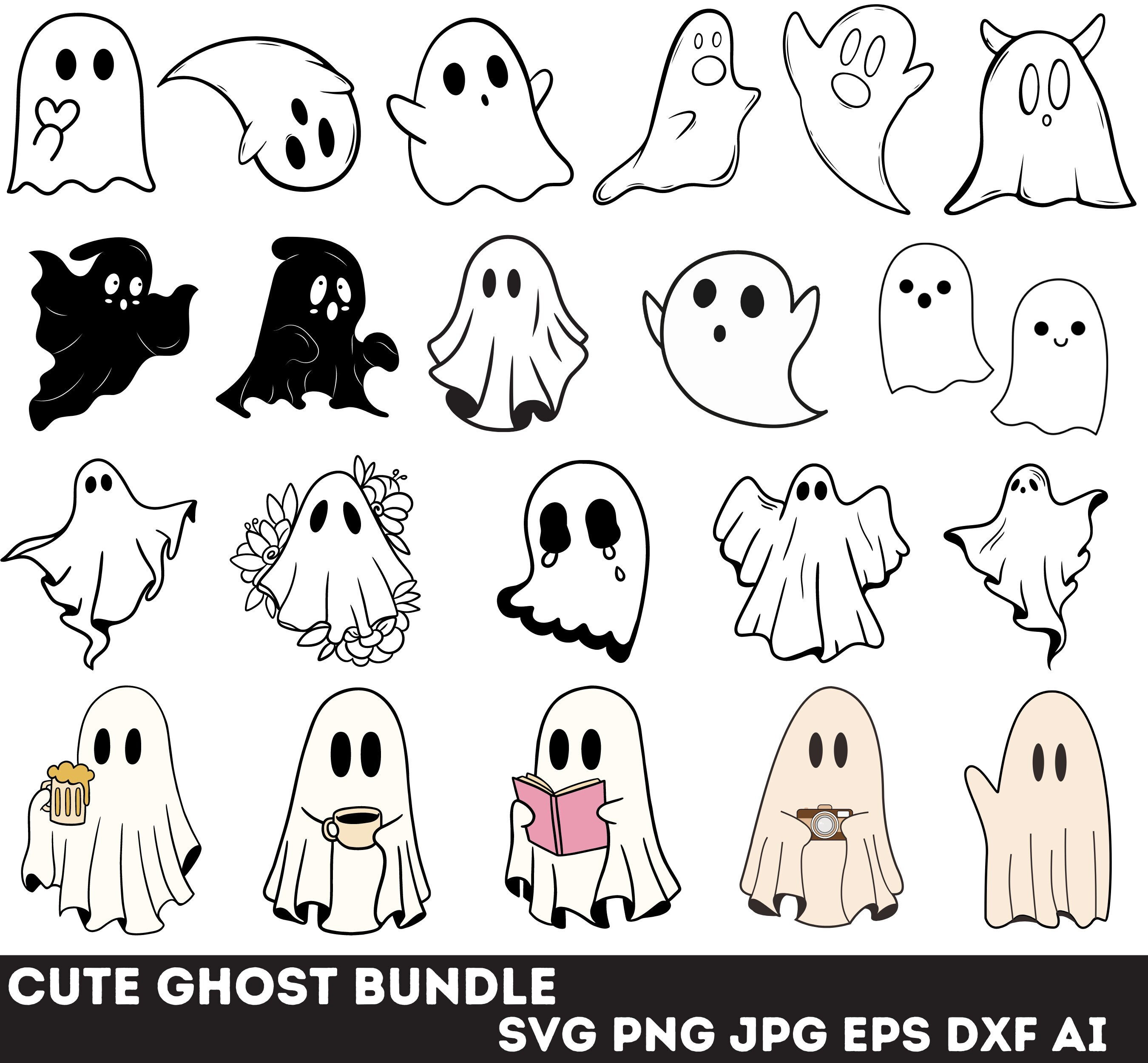 Cute Ghost SVG Bundle, Ghost Clipart Bundle , Ghost SVG Cut Files for ...