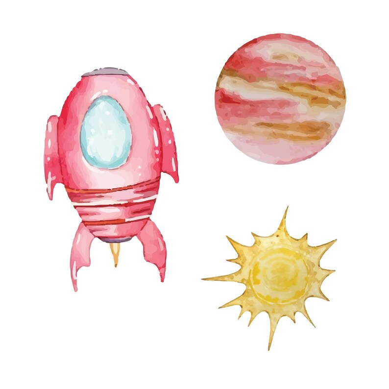 Space Clipart, Cute Space With Watercolor Planets and Rockets, Outer ...