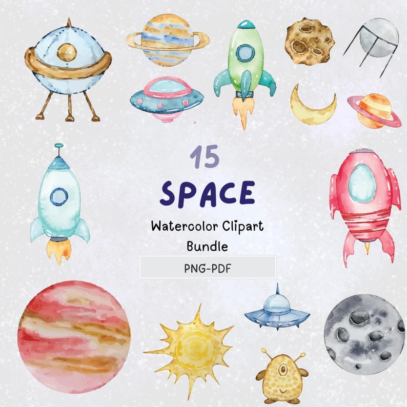 Space Clipart, Cute Space With Watercolor Planets and Rockets, Outer ...