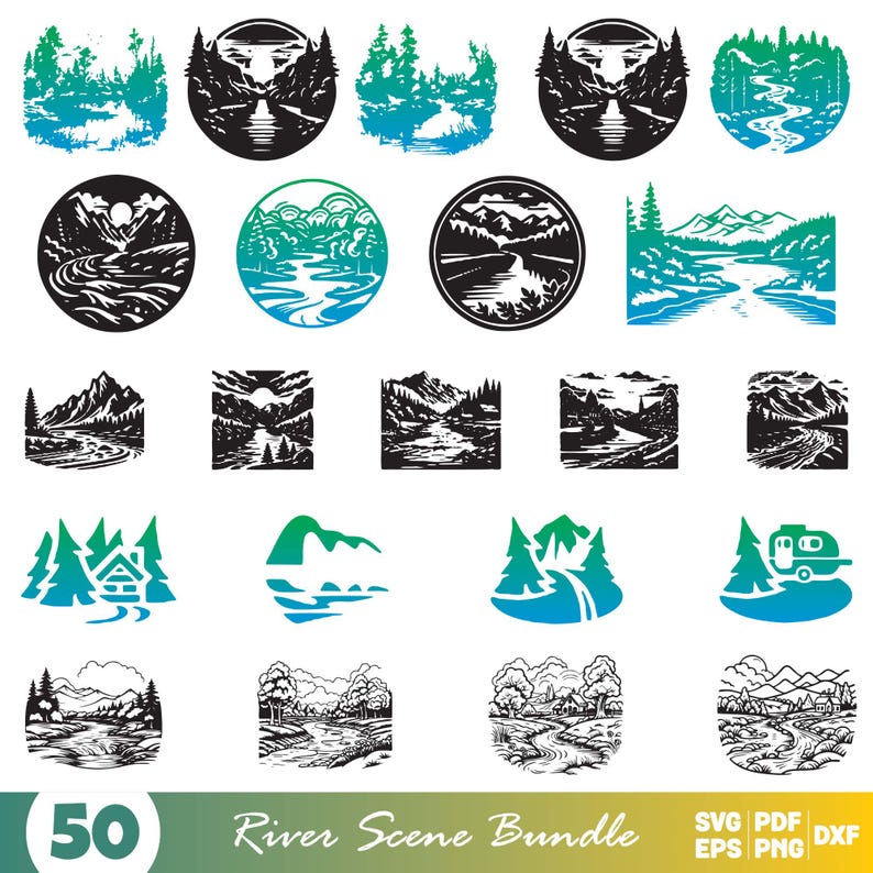 River Scene Svg Bundle, Landscape Clipart for Cricut, River Silhouette ...