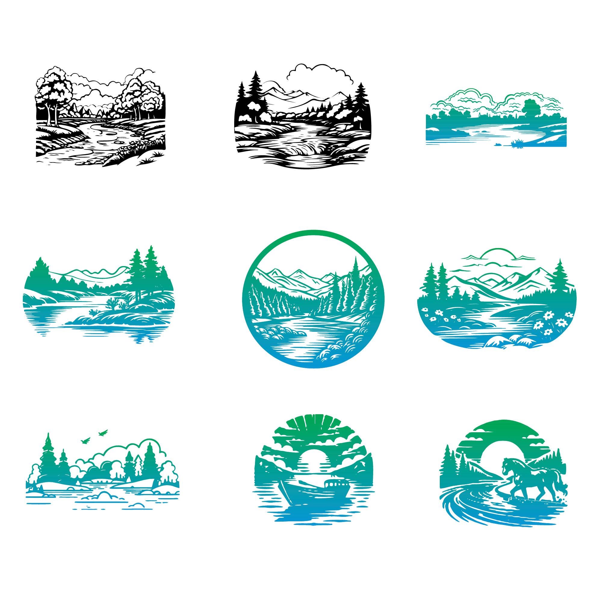 River Scene Svg Bundle, Landscape Clipart for Cricut, River Silhouette ...