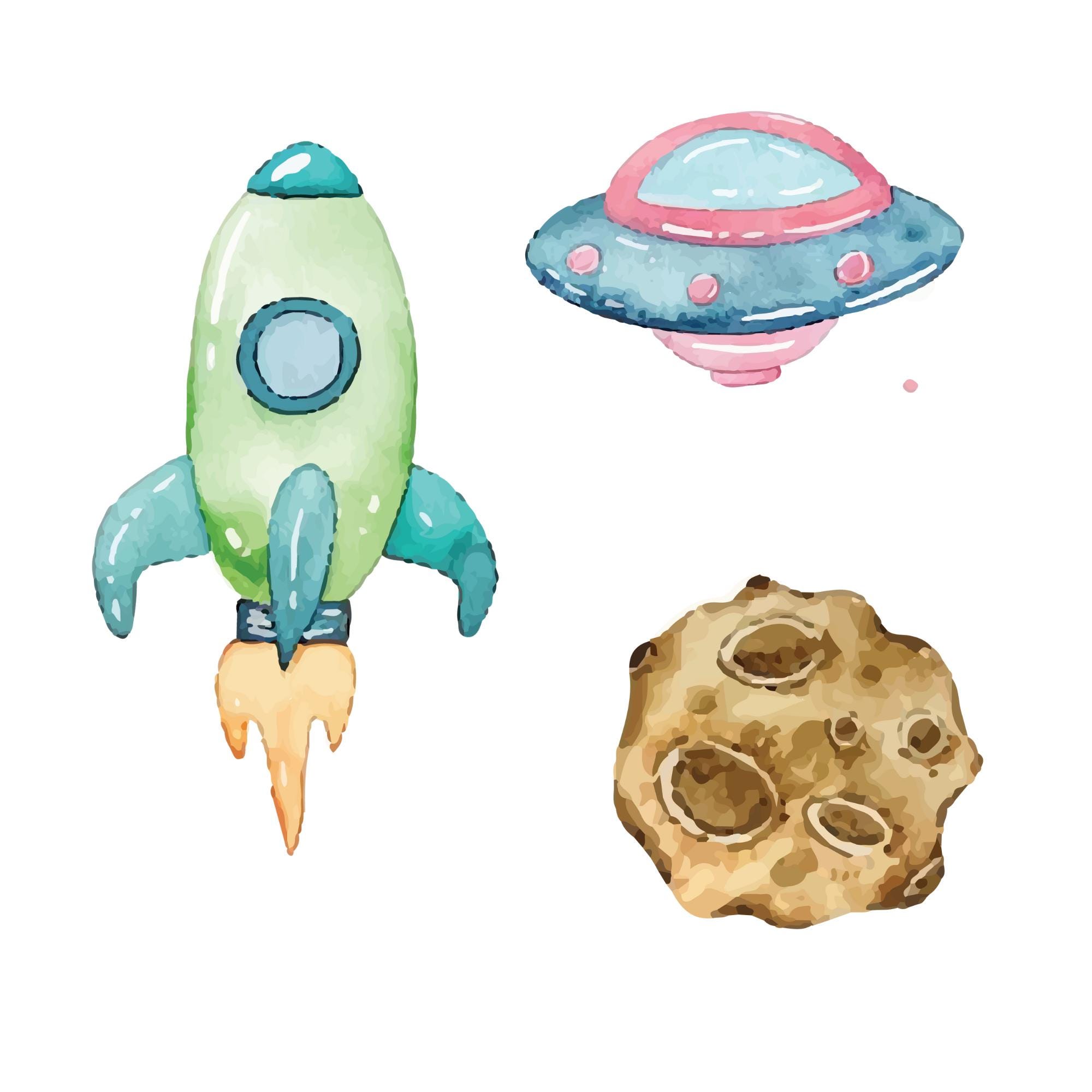 Space Clipart, Cute Space With Watercolor Planets and Rockets, Outer ...