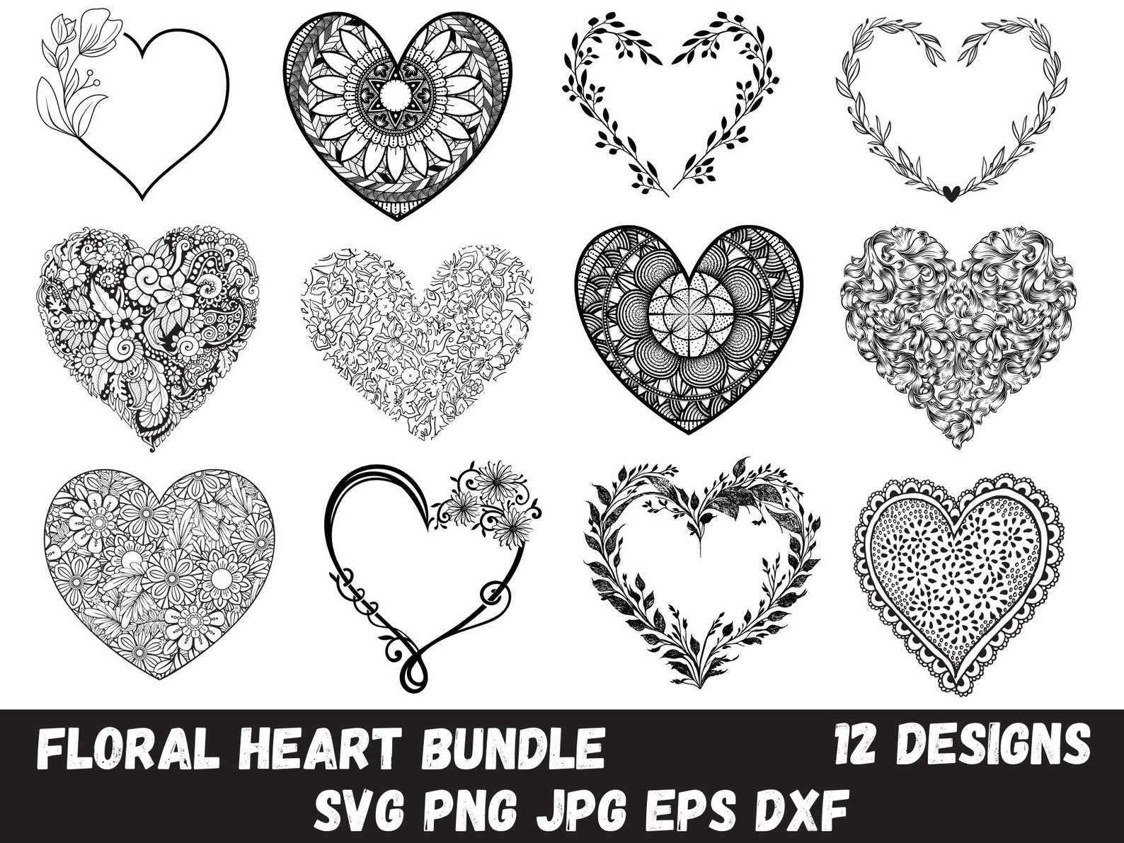 Flower Heart SVG Bundle , Floral Heart SVG, Flower Svg, Floral Svg ...
