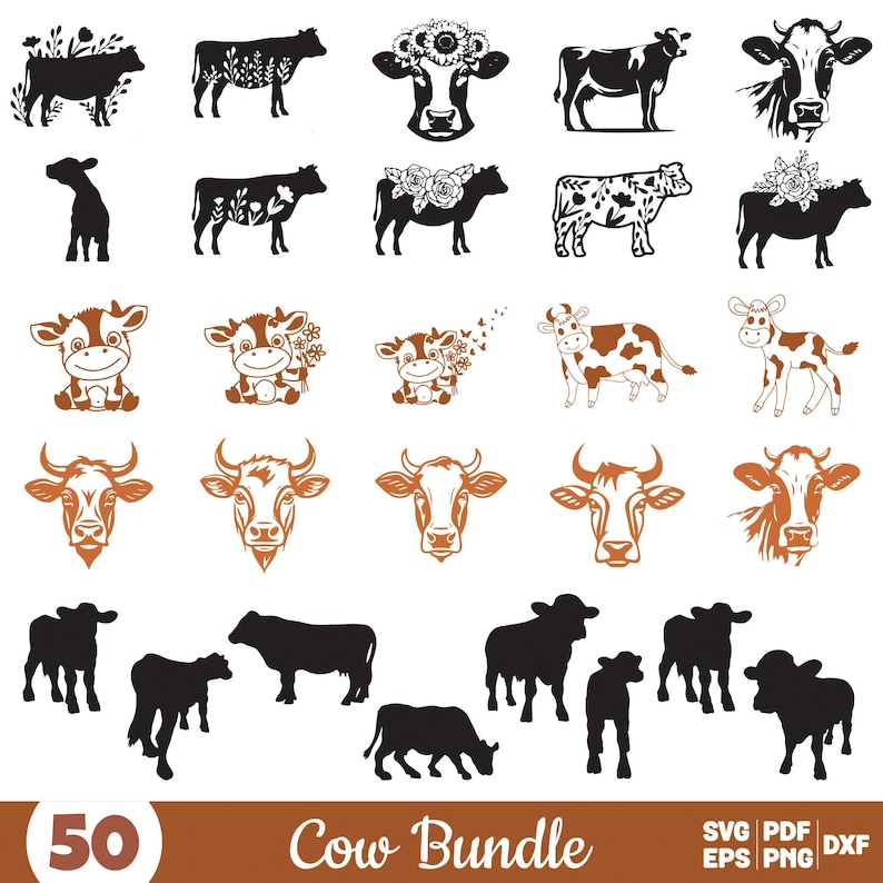 Cow Svg Bundle, Cow Clipart for Cricut, Cow Ghost Silhouette, Baby Cow ...