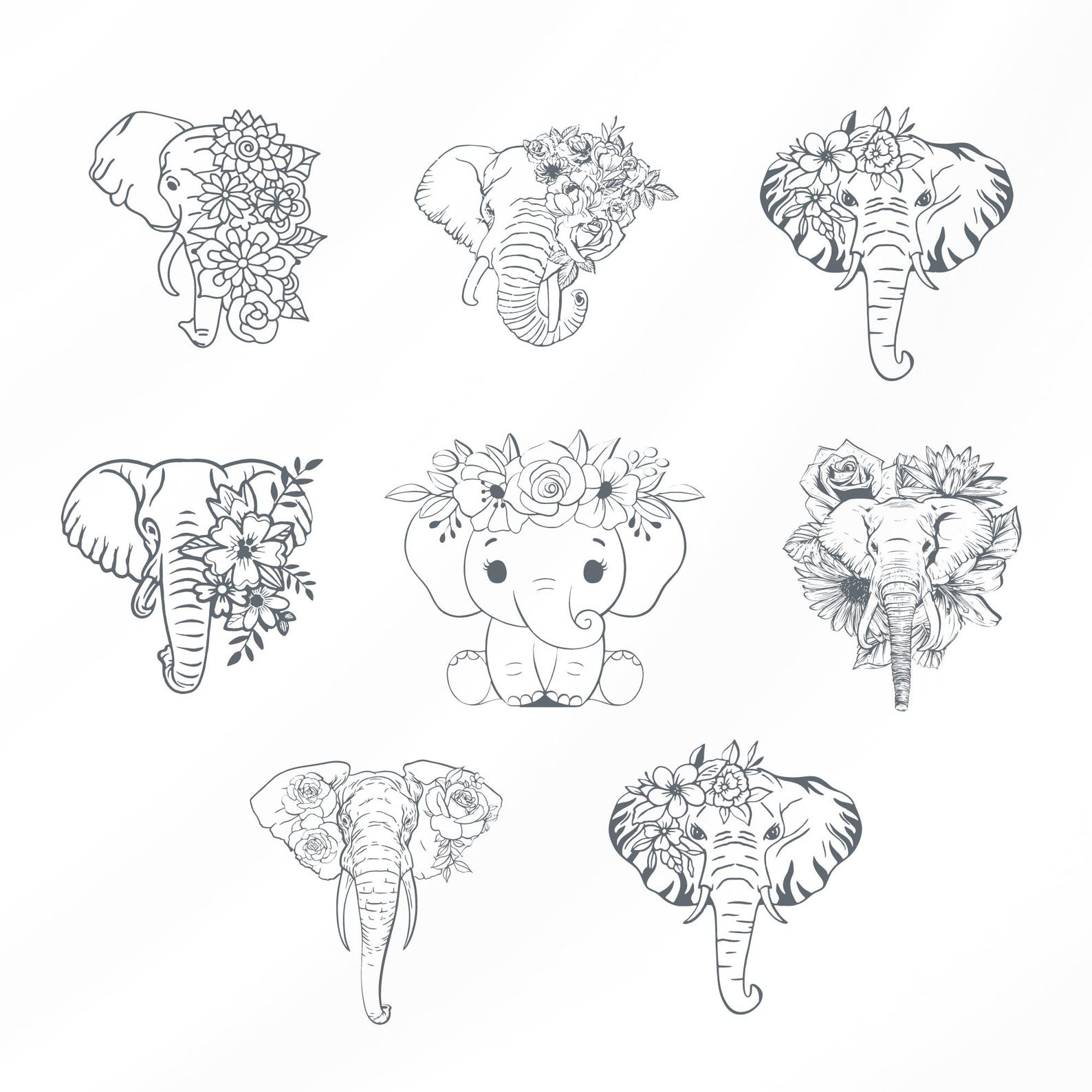Floral Elephant Svg Bundle, Elephant Clipart for Cricut, Elephant ...