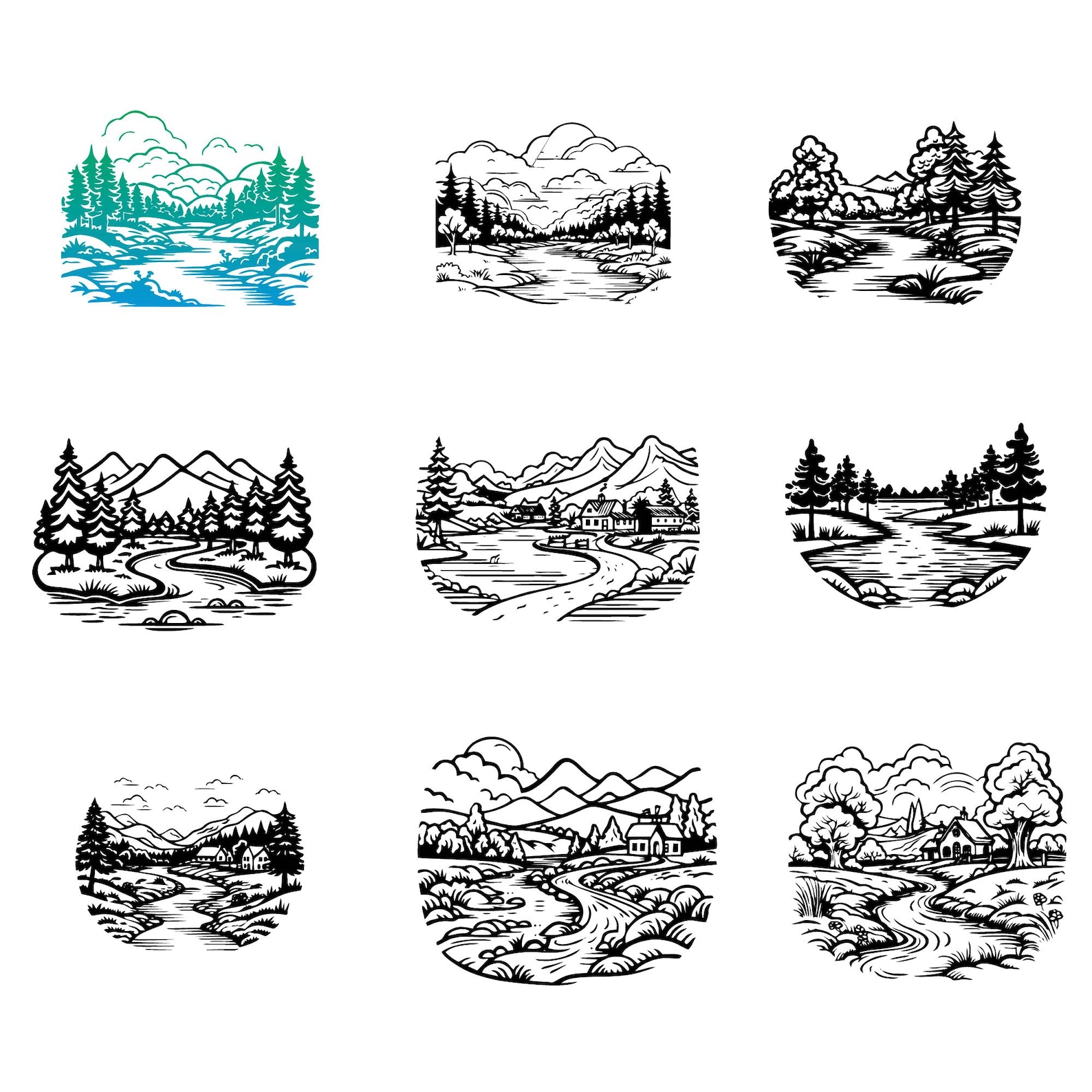 River Scene Svg Bundle, Landscape Clipart for Cricut, River Silhouette ...