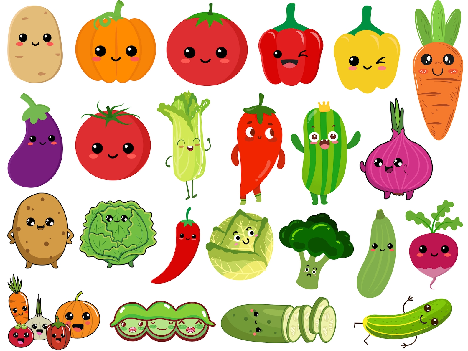 Kawaii Cute Vegetables Svg Bundle , Kawaii Vegetable Clipart Bundle ...