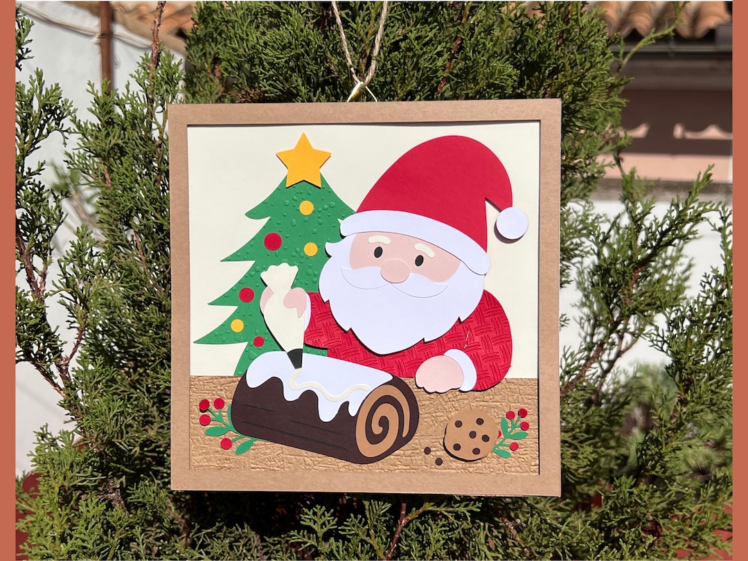 Santa Claus Decorating Yule Log SVG & DXF – Layered Square Paper-frame ...