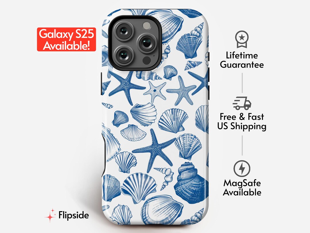 Nautical Blue Seashell Phone Case | Conch Shells and Starfish | for ...