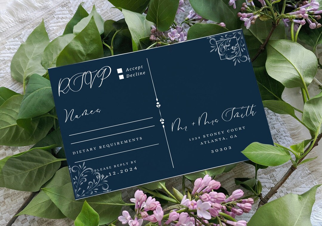 Navy Blue Elegant RSVP Card, Wedding Insert Template, Instant Download ...