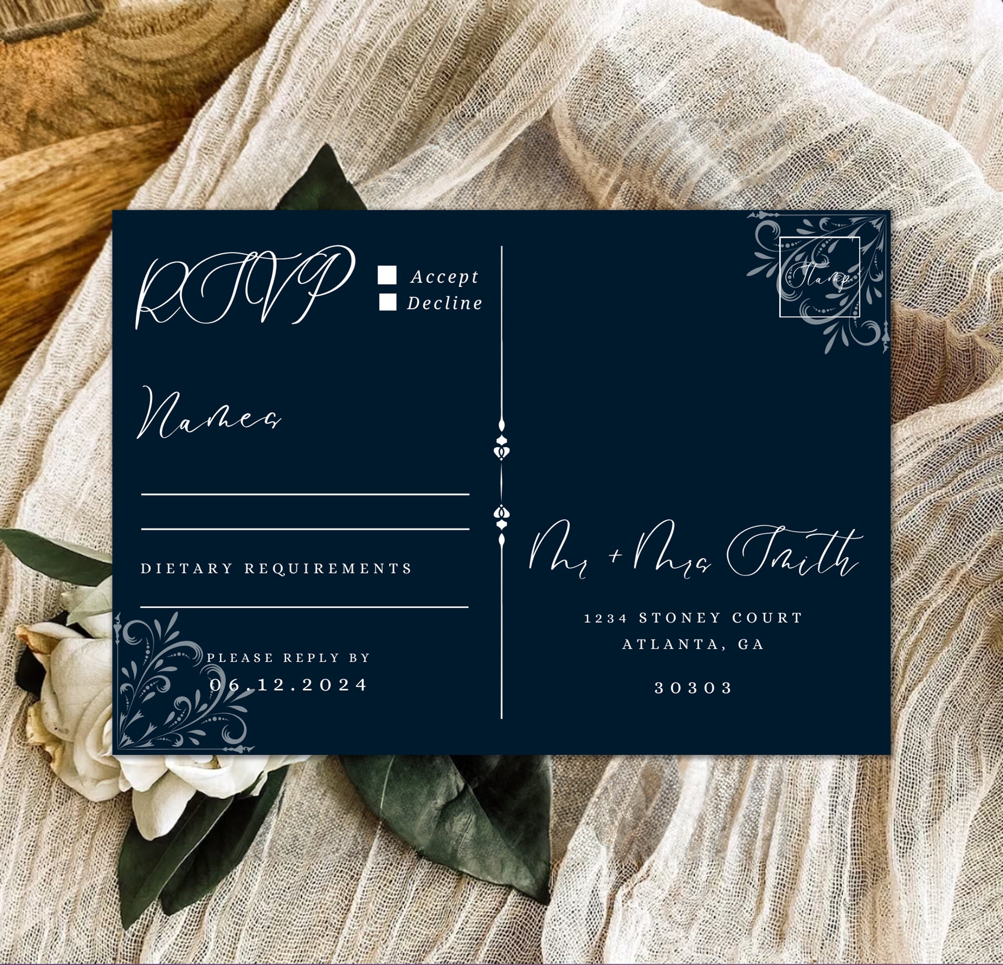 Navy Blue Elegant RSVP Card, Wedding Insert Template, Instant Download ...