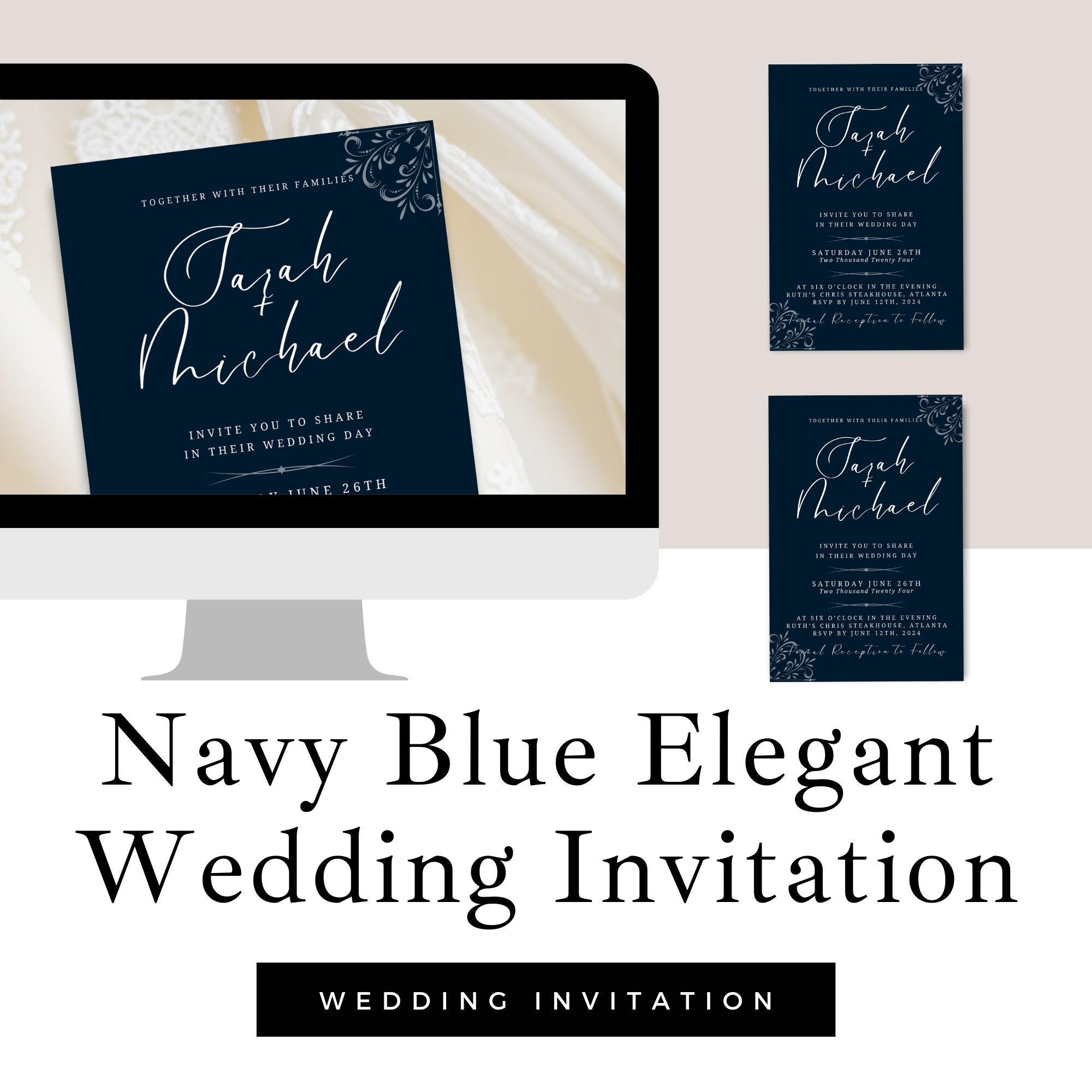 Navy Blue WEDDING INVITATION Template Editable Photo Invitation CANVA ...