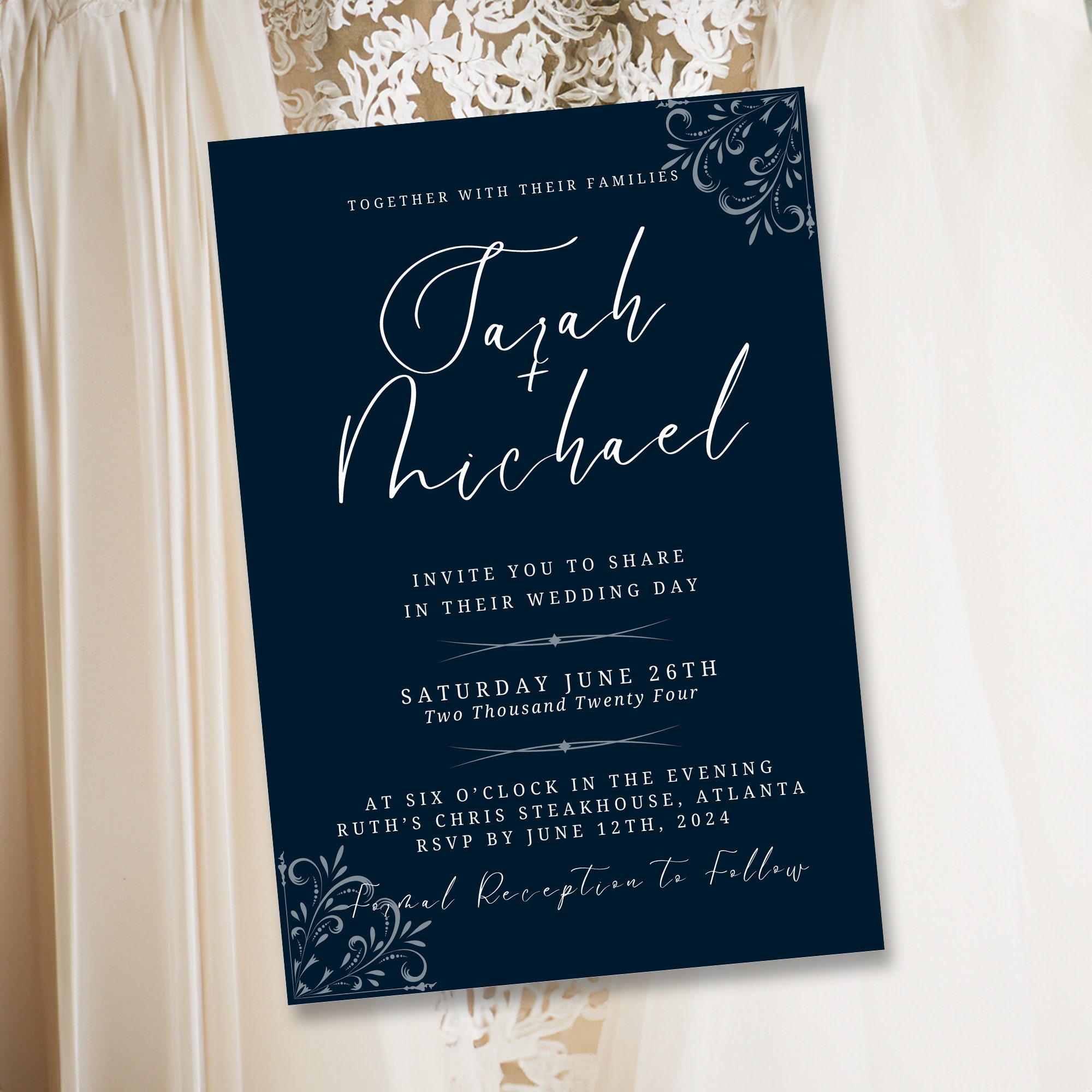 Navy Blue WEDDING INVITATION Template – Editable Photo Invitation CANVA ...