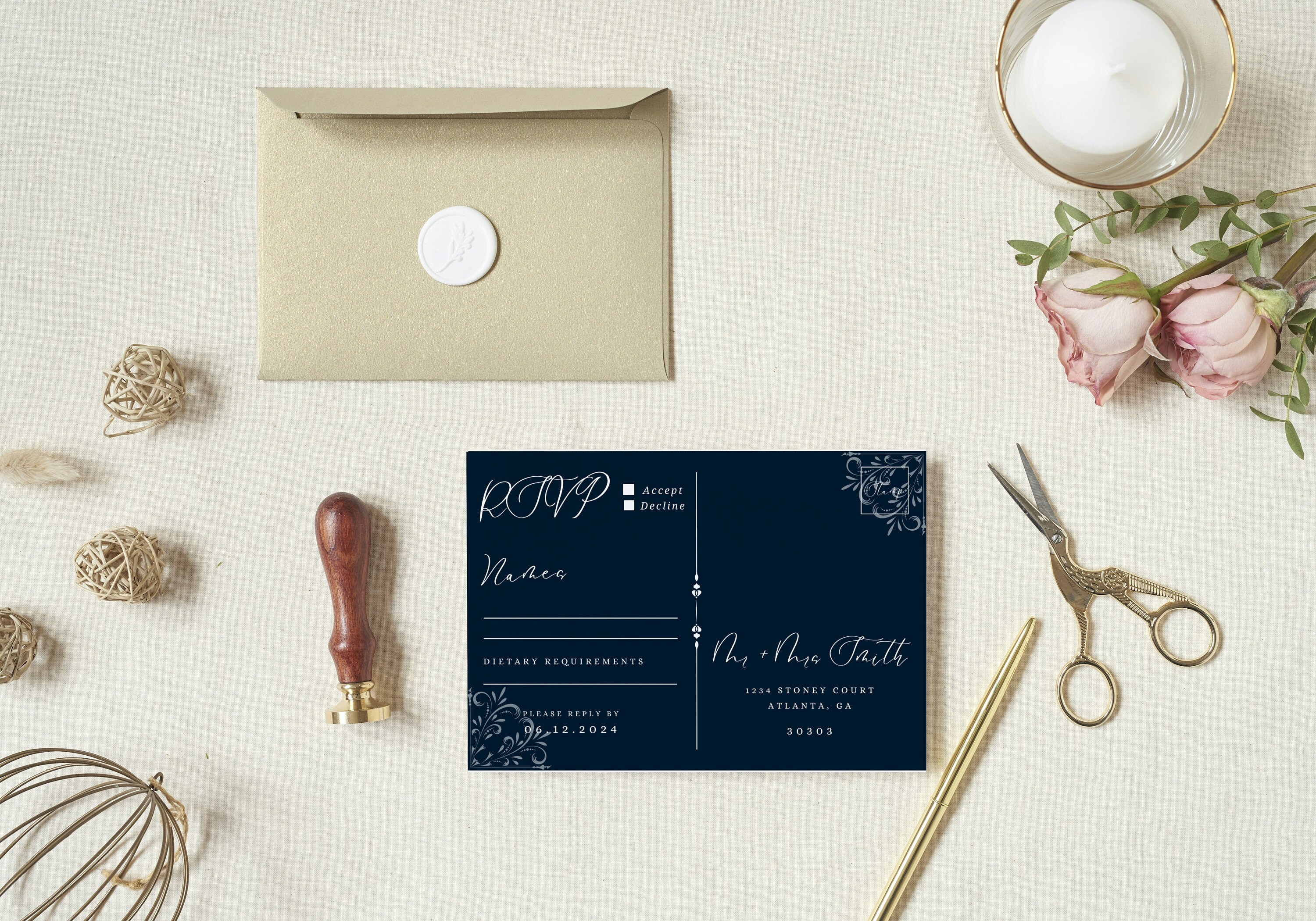 Navy Blue Elegant RSVP Card, Wedding Insert Template, Instant Download ...