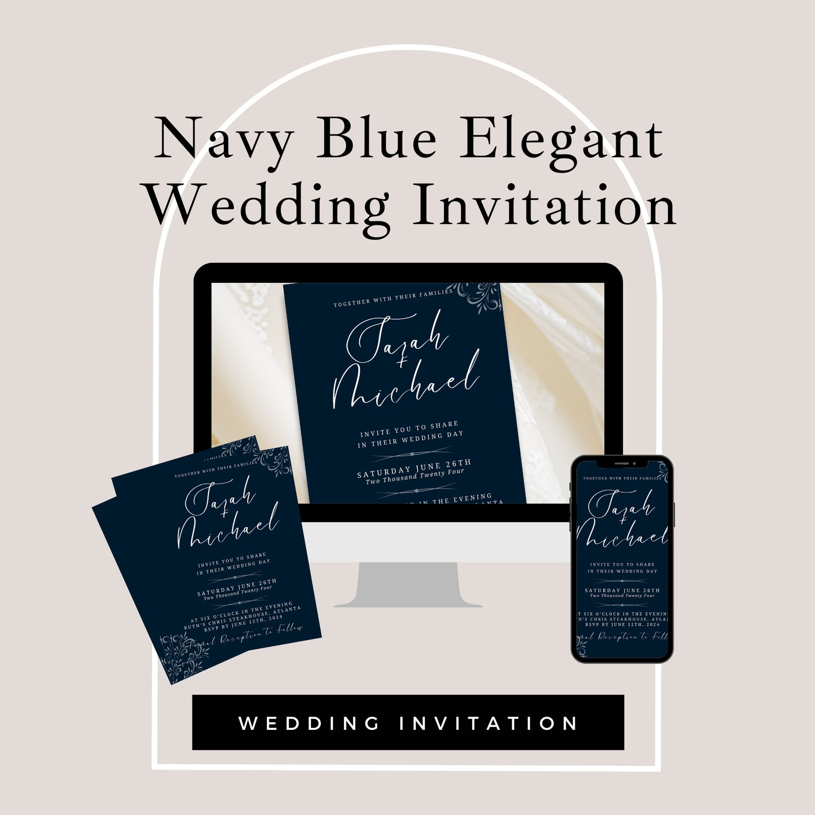 Navy Blue WEDDING INVITATION Template Editable Photo Invitation CANVA ...