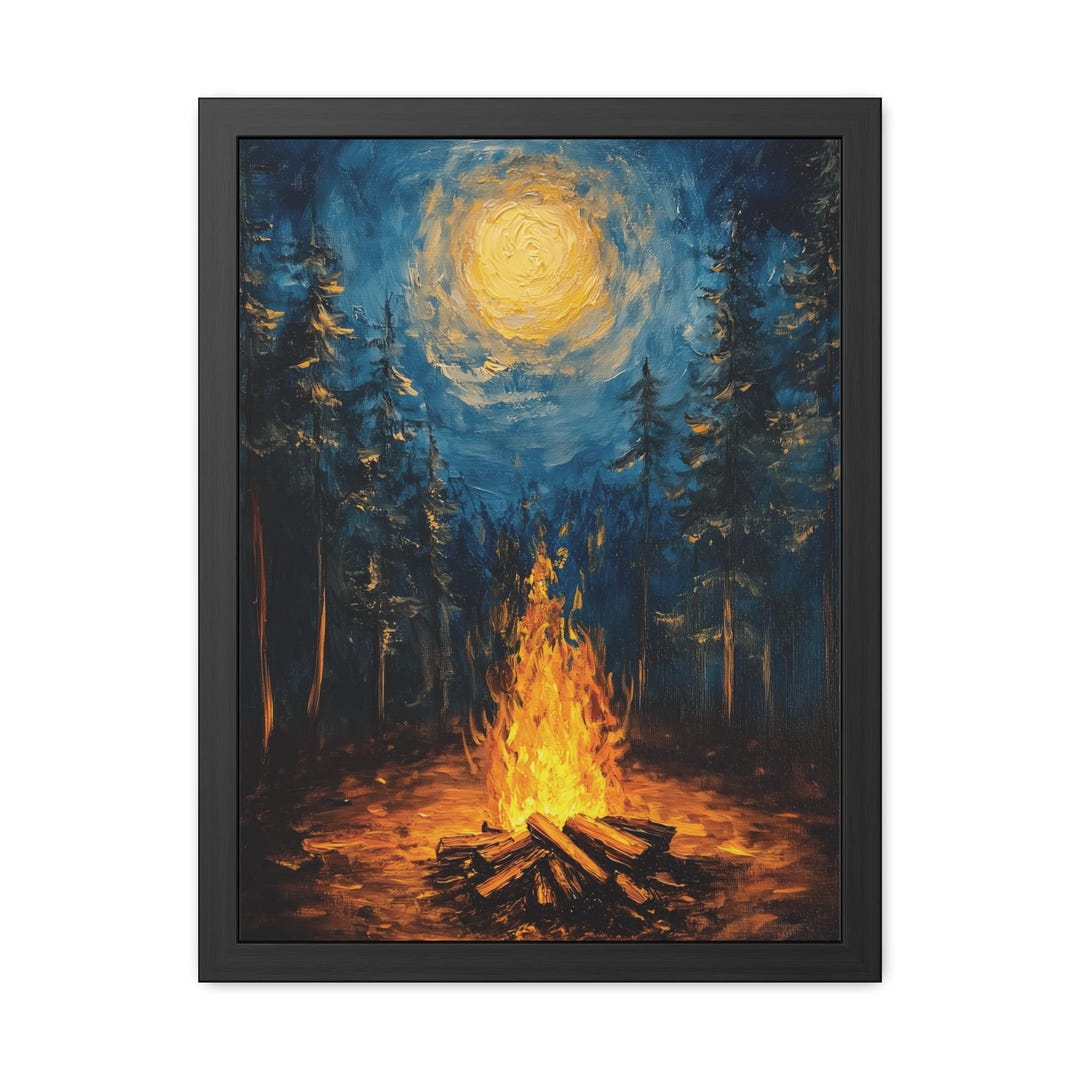Van Gogh Style Campfire Framed Posters, Camping Art Print, Dreamy ...