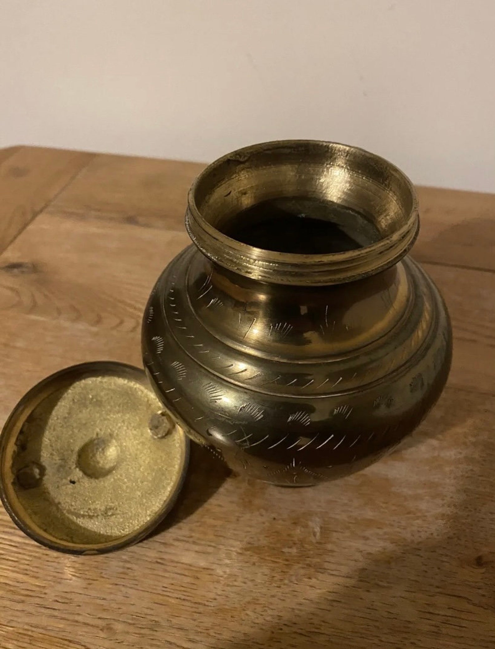 Antique Brass Kamandal Ganga Jal Pot Engraved Lid Holy Water Hindu ...