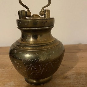 Antique Brass Kamandal Ganga Jal Pot Engraved Lid Holy Water Hindu ...