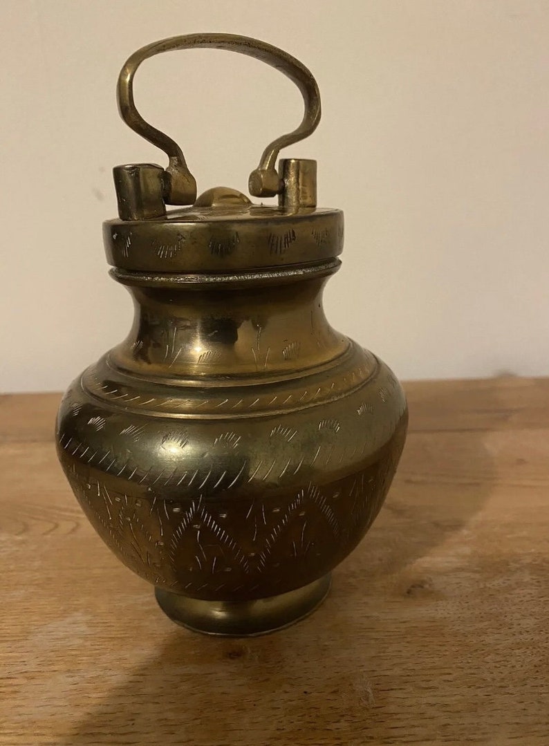 Antique Brass Kamandal Ganga Jal Pot Engraved Lid Holy Water Hindu ...