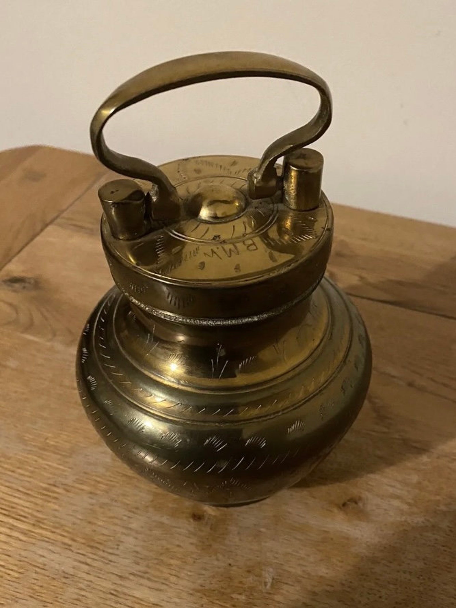 Antique Brass Kamandal Ganga Jal Pot Engraved Lid Holy Water Hindu ...