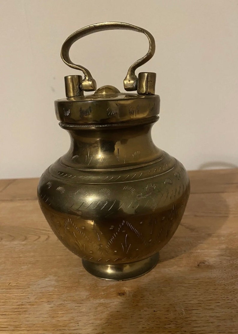 Antique Brass Kamandal Ganga Jal Pot Engraved Lid Holy Water Hindu ...