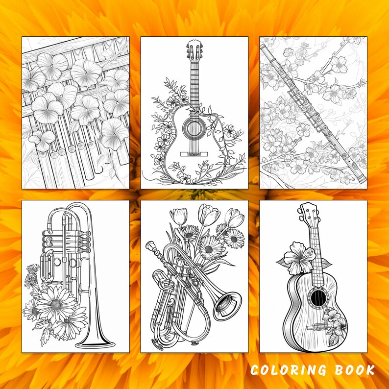 25 Blooming Instruments Coloring Page, Flower Coloring Book, Bloom ...