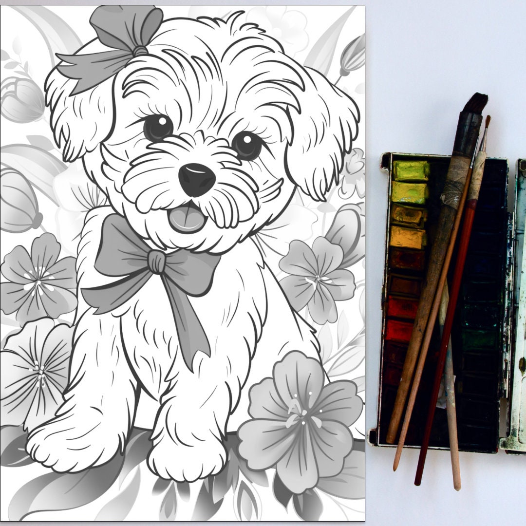 28 Spring Puppy Coloring Page, Cute Puppy Coloring Book, Adults Kids ...