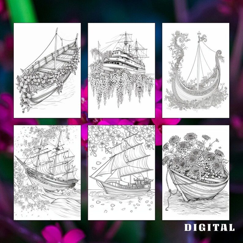 27 Blooming Ship Coloring Page, Floral Ship Coloring Book, Fantasy ...