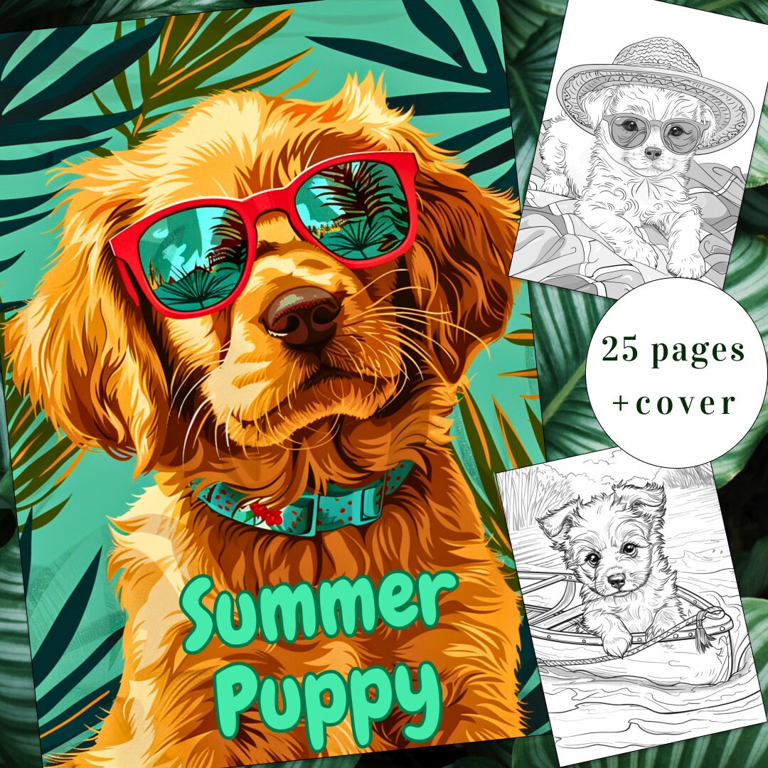 25 Summer Puppy Coloring Page, Cute Puppy Coloring Book, Adults Kids ...