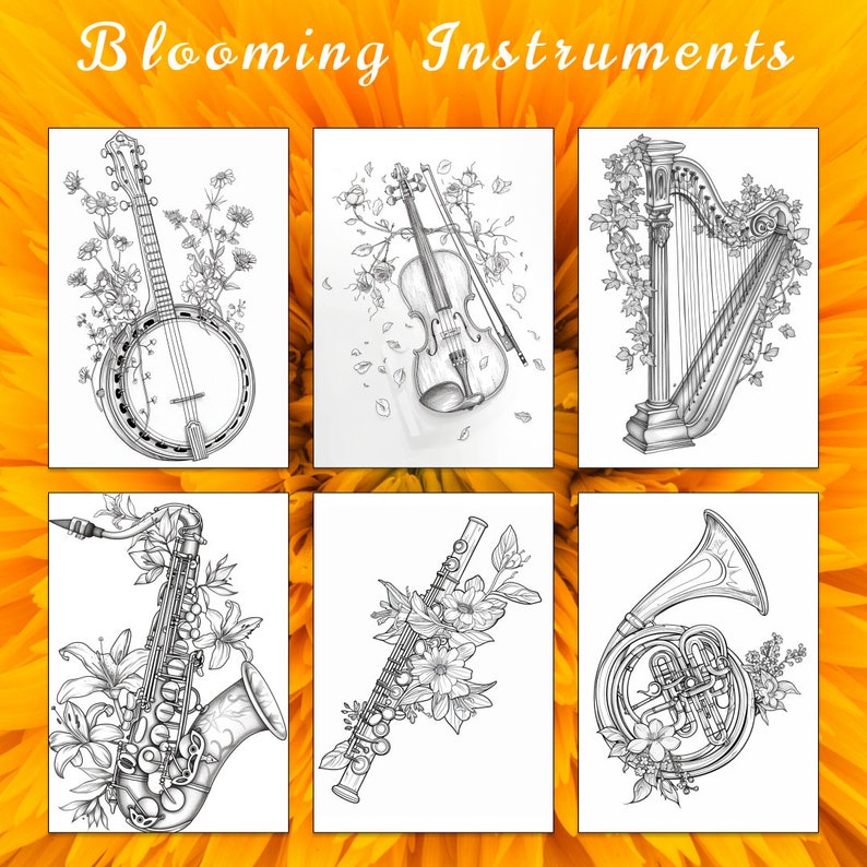 25 Blooming Instruments Coloring Page, Flower Coloring Book, Bloom ...