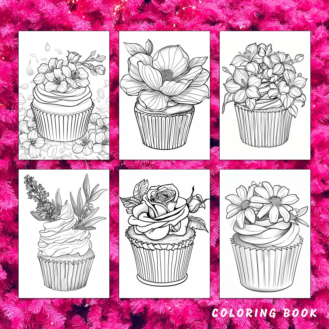 31 Floral Cupcakes Coloring Page, Food Coloring, Dessert Coloring Book ...