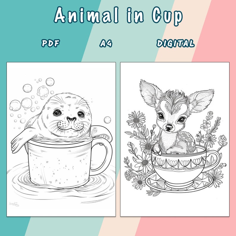 25 Animal in Cup Coloring Page, Animal Coloring Book, Fantasy Coloring ...