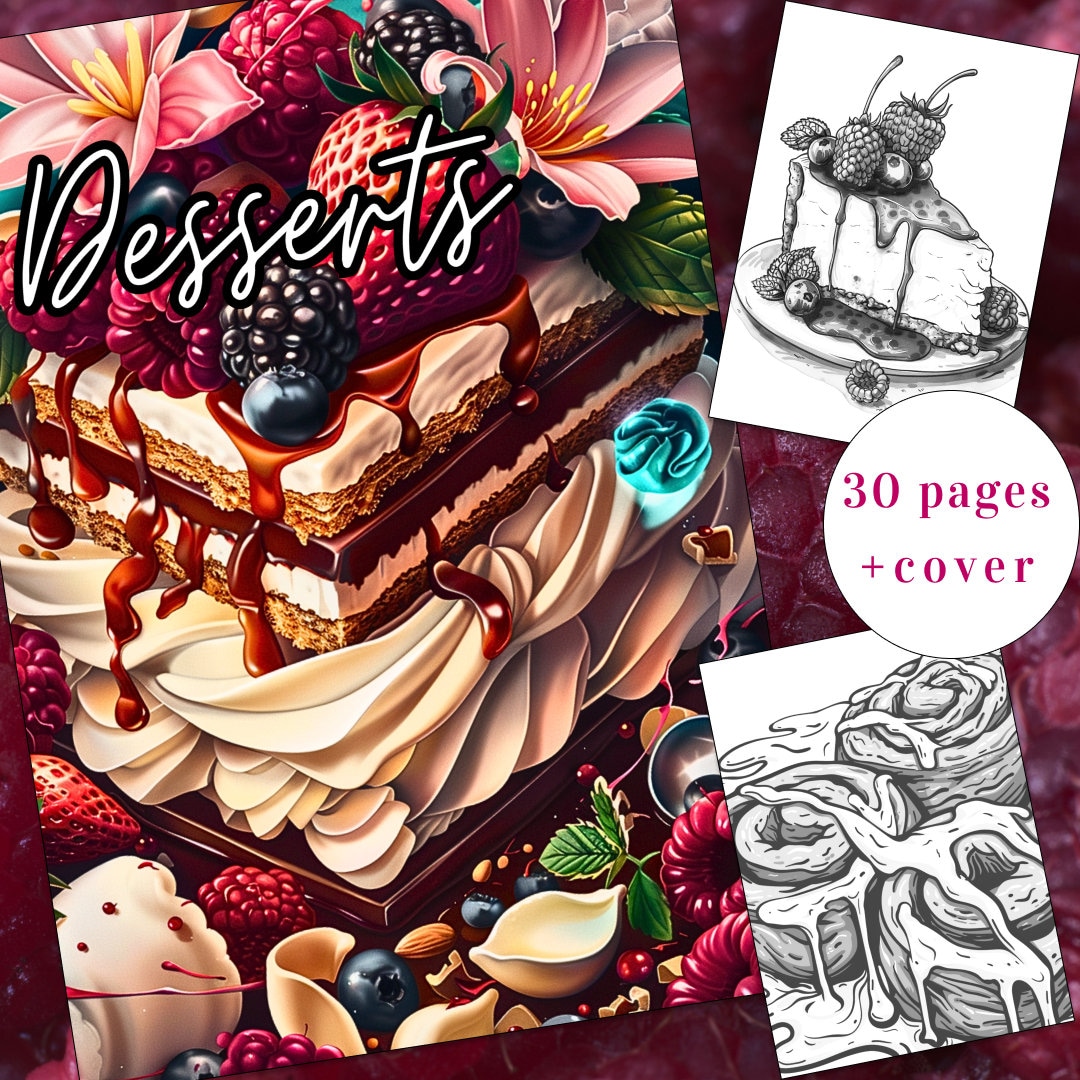 30 Desserts Coloring Page, Cakes Coloring Book, Desserts Coloring Book ...