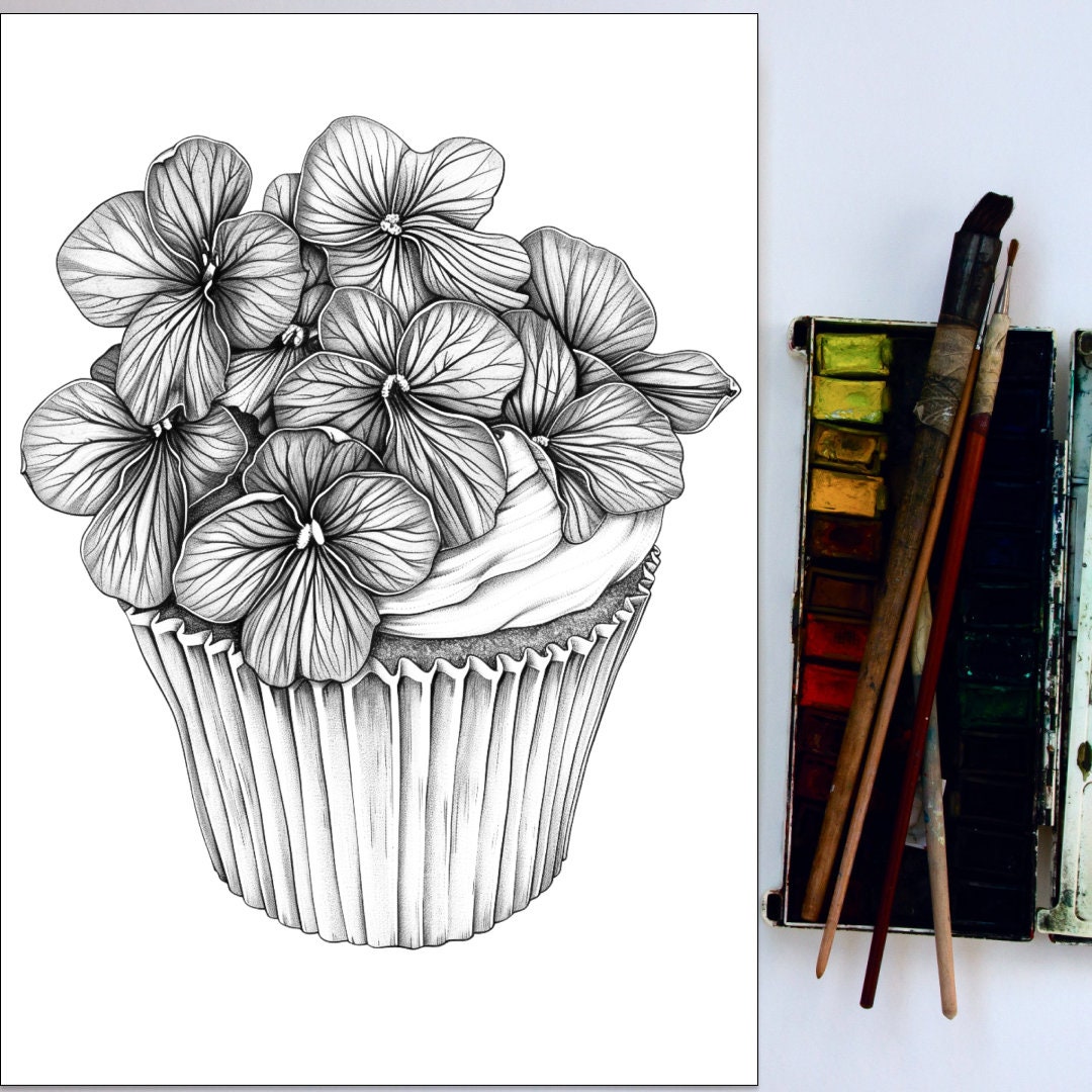 31 Floral Cupcakes Coloring Page, Food Coloring, Dessert Coloring Book ...