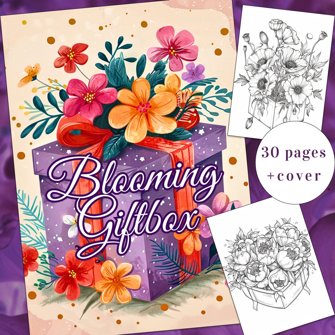 30 Blooming Giftbox Coloring Page, Floral Giftbox Coloring Book, Flower ...