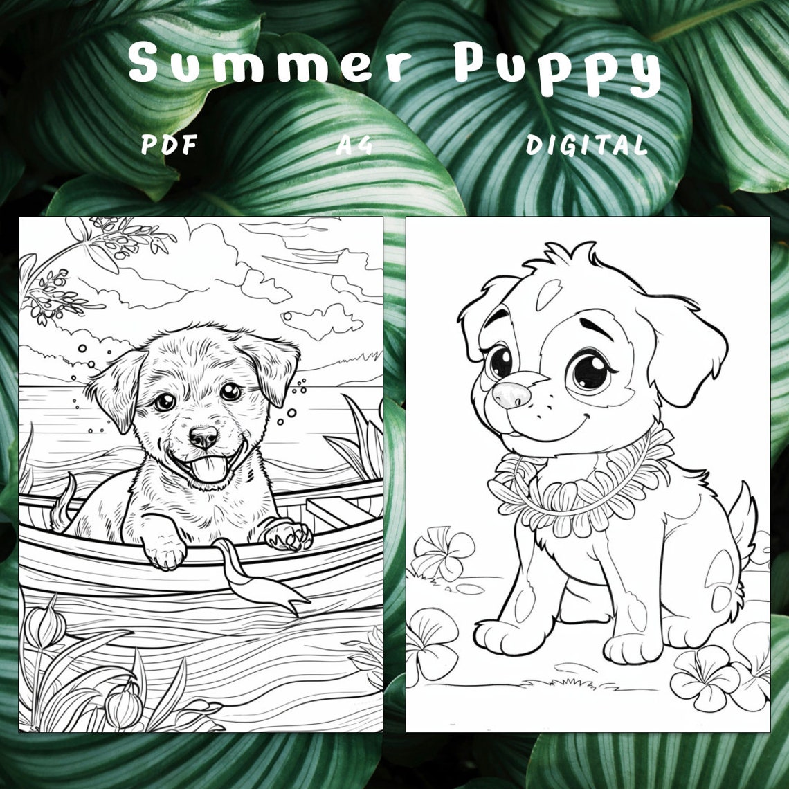 25 Summer Puppy Coloring Page, Cute Puppy Coloring Book, Adults Kids ...