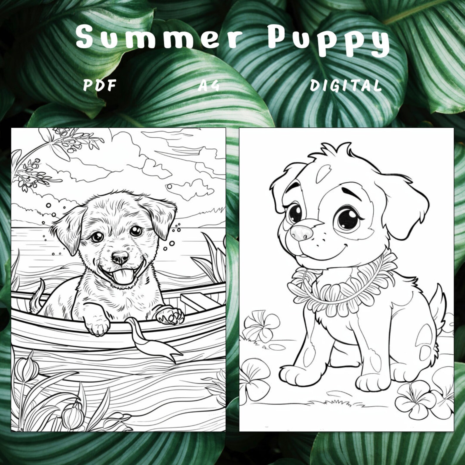 25 Summer Puppy Coloring Page, Cute Puppy Coloring Book, Adults Kids ...