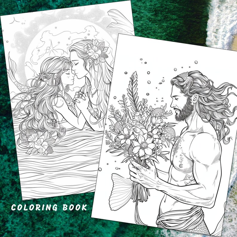 27 Mermaid Romance Coloring Page, Mermaid Coloring Book, Ocean Coloring ...
