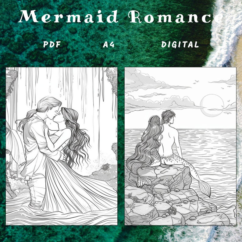 27 Mermaid Romance Coloring Page, Mermaid Coloring Book, Ocean Coloring ...