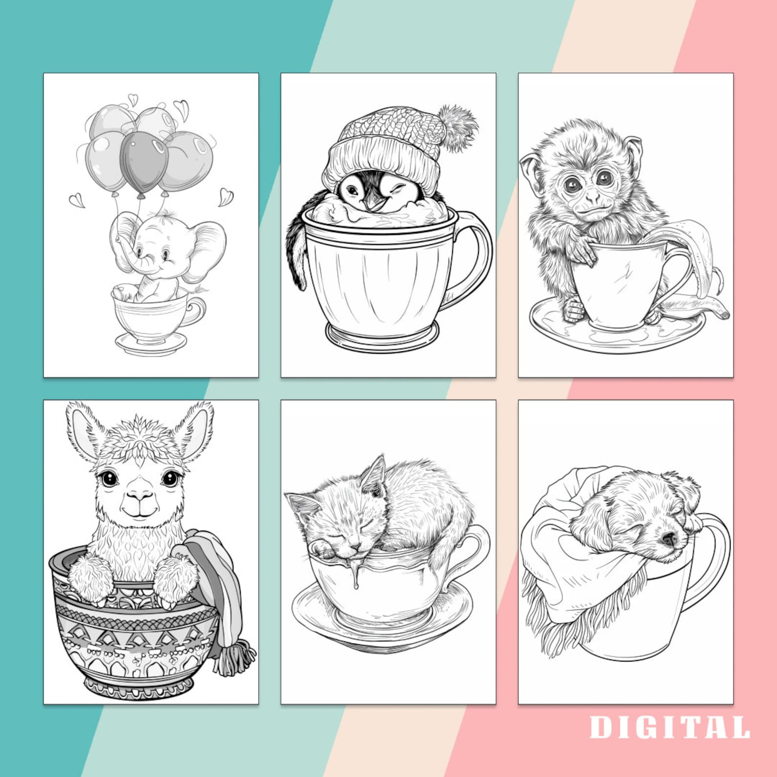 25 Animal in Cup Coloring Page, Animal Coloring Book, Fantasy Coloring ...