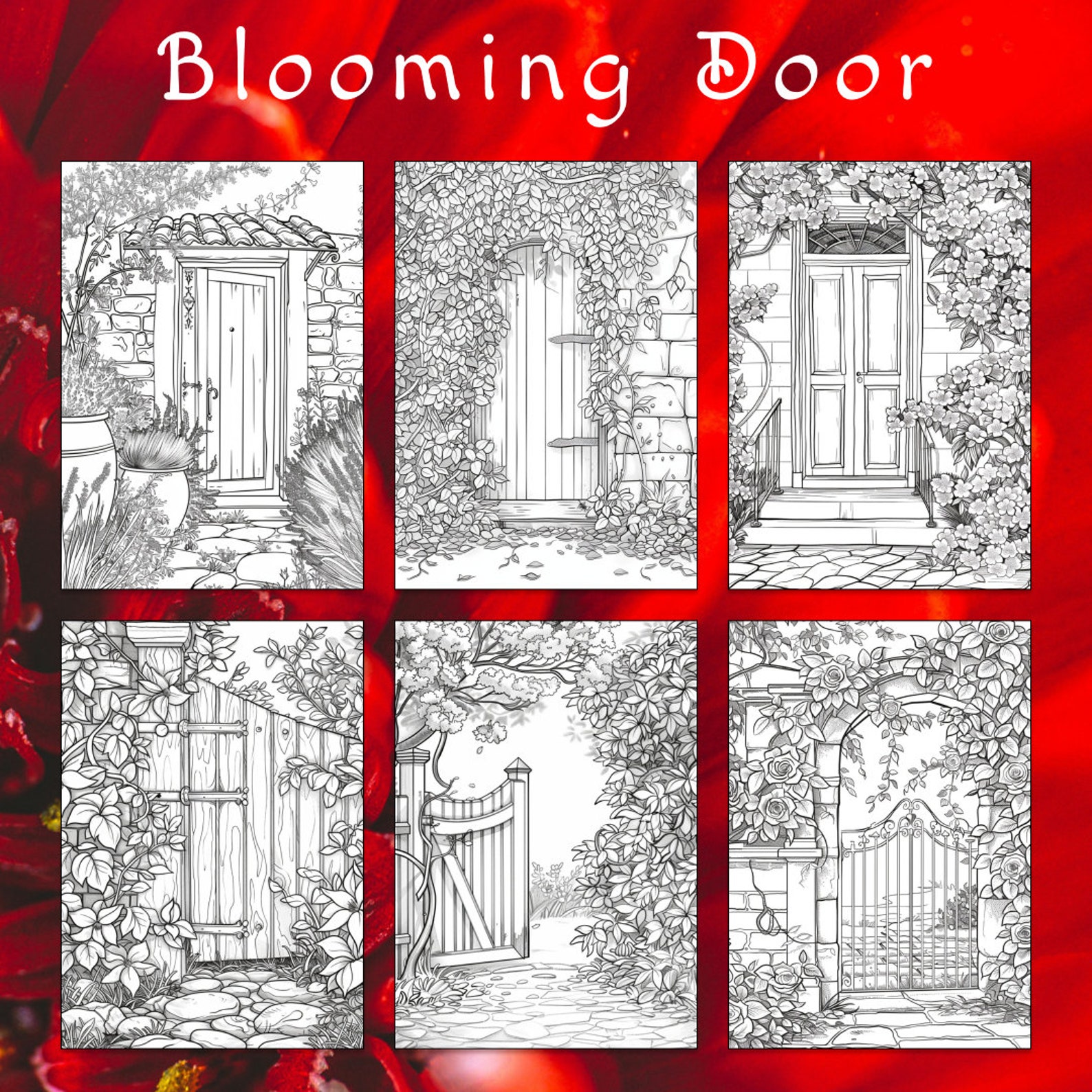 30 Blooming Door Coloring Page, Flower Coloring Book, Fantasy Coloring ...
