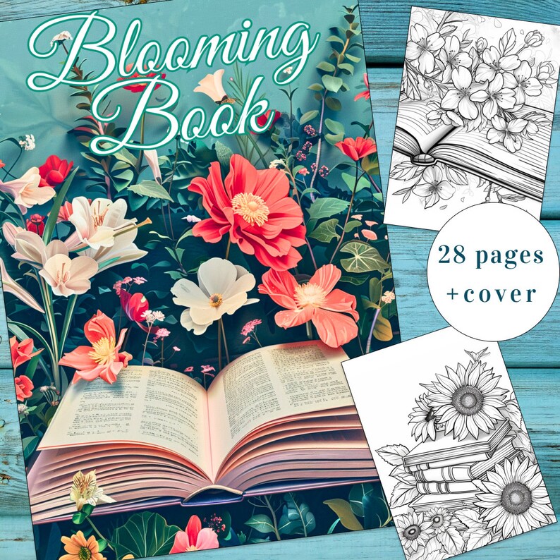 28 Blooming Book Coloring Page, Floral Book Coloring Book, Flowers ...