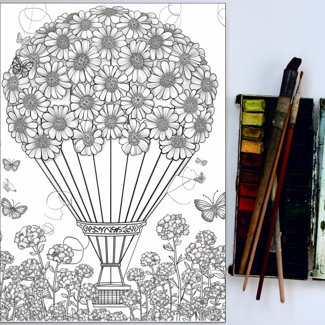 33 Blooming Hot Air Balloon Coloring Page, Flower Coloring,hot Air ...