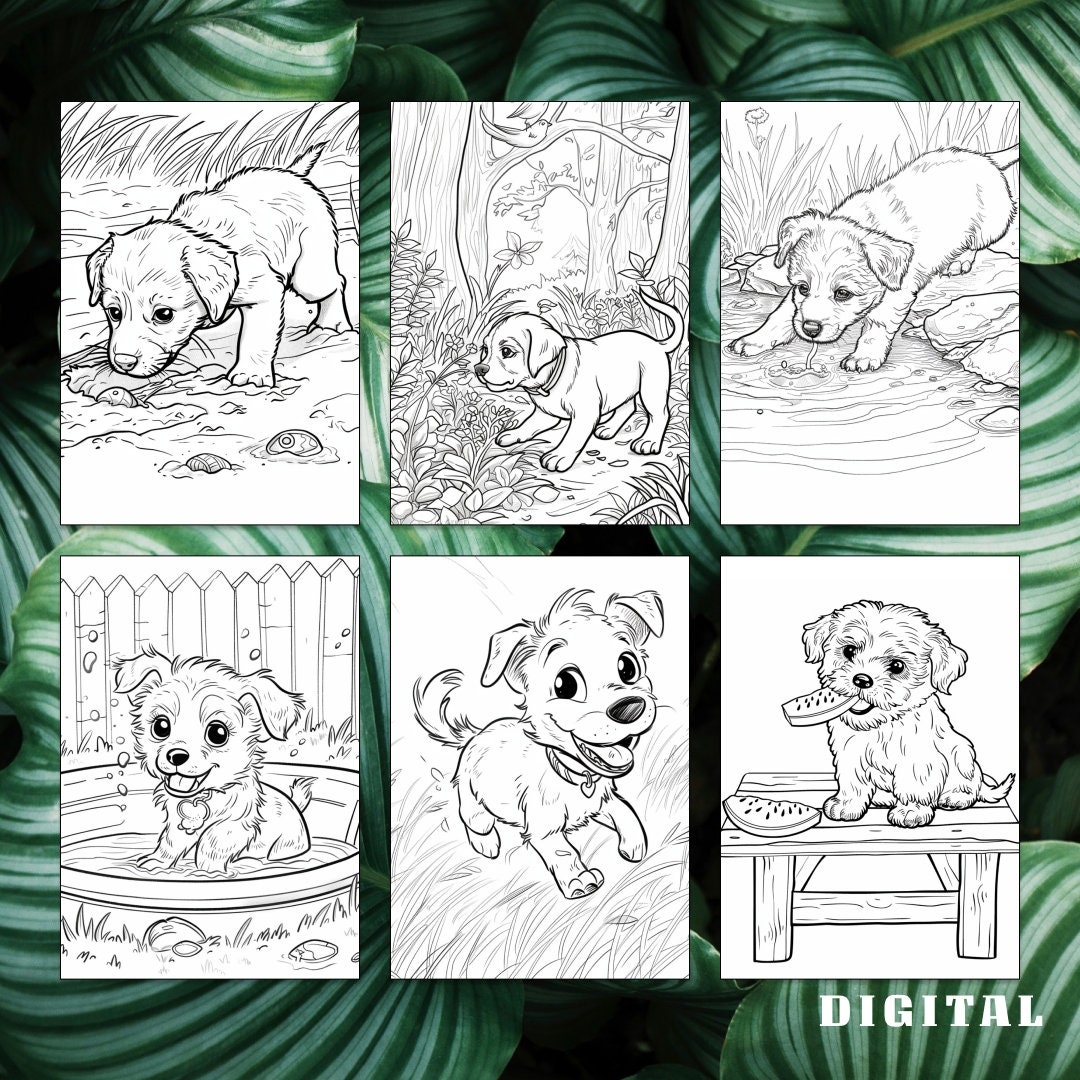 25 Summer Puppy Coloring Page, Cute Puppy Coloring Book, Adults Kids ...