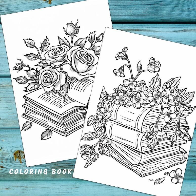 28 Blooming Book Coloring Page, Floral Book Coloring Book, Flowers ...