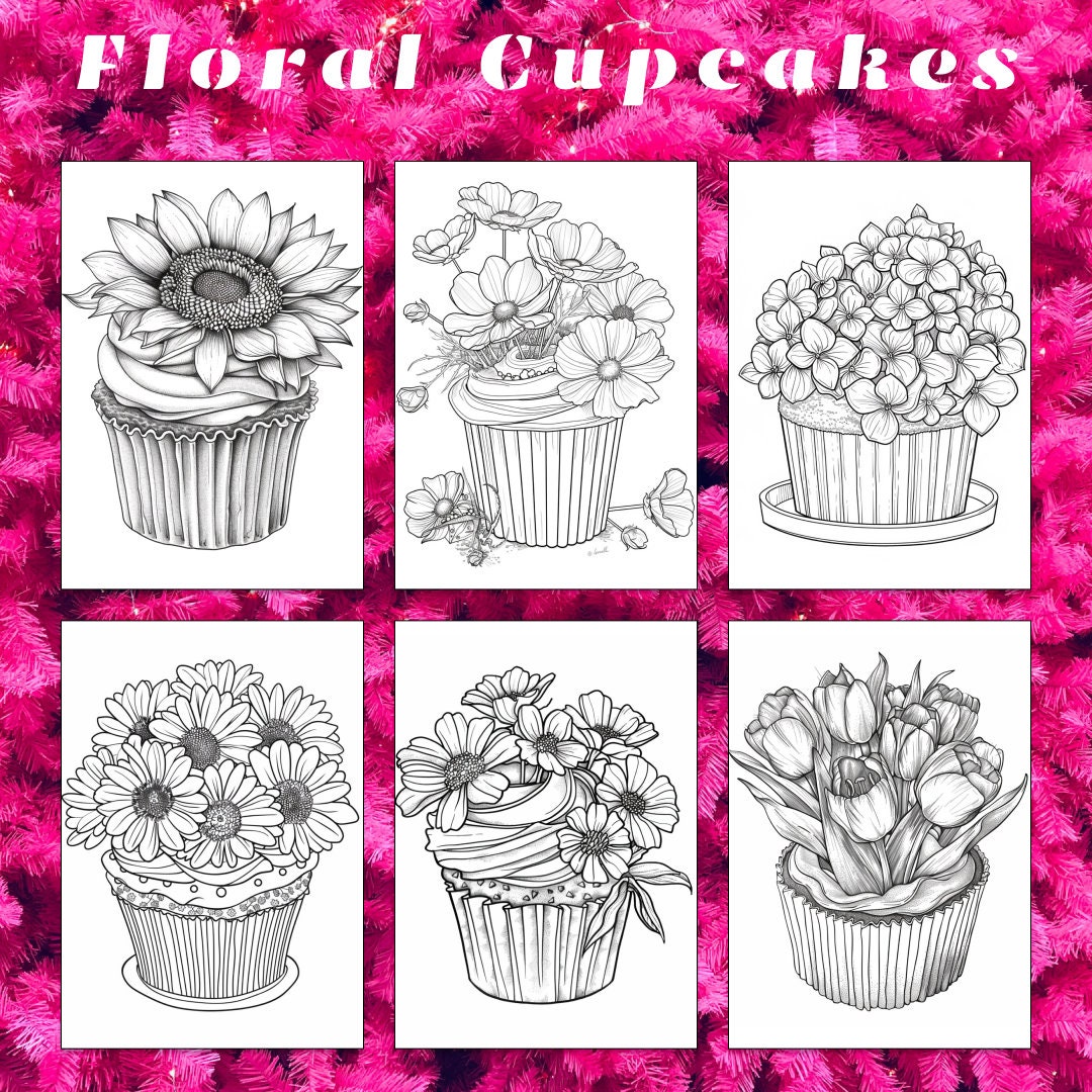 31 Floral Cupcakes Coloring Page, Food Coloring, Dessert Coloring Book ...