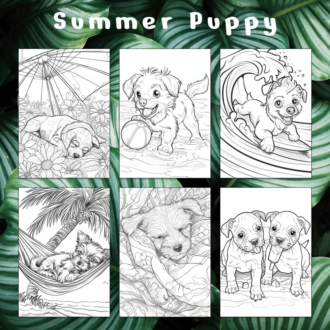 25 Summer Puppy Coloring Page, Cute Puppy Coloring Book, Adults Kids ...