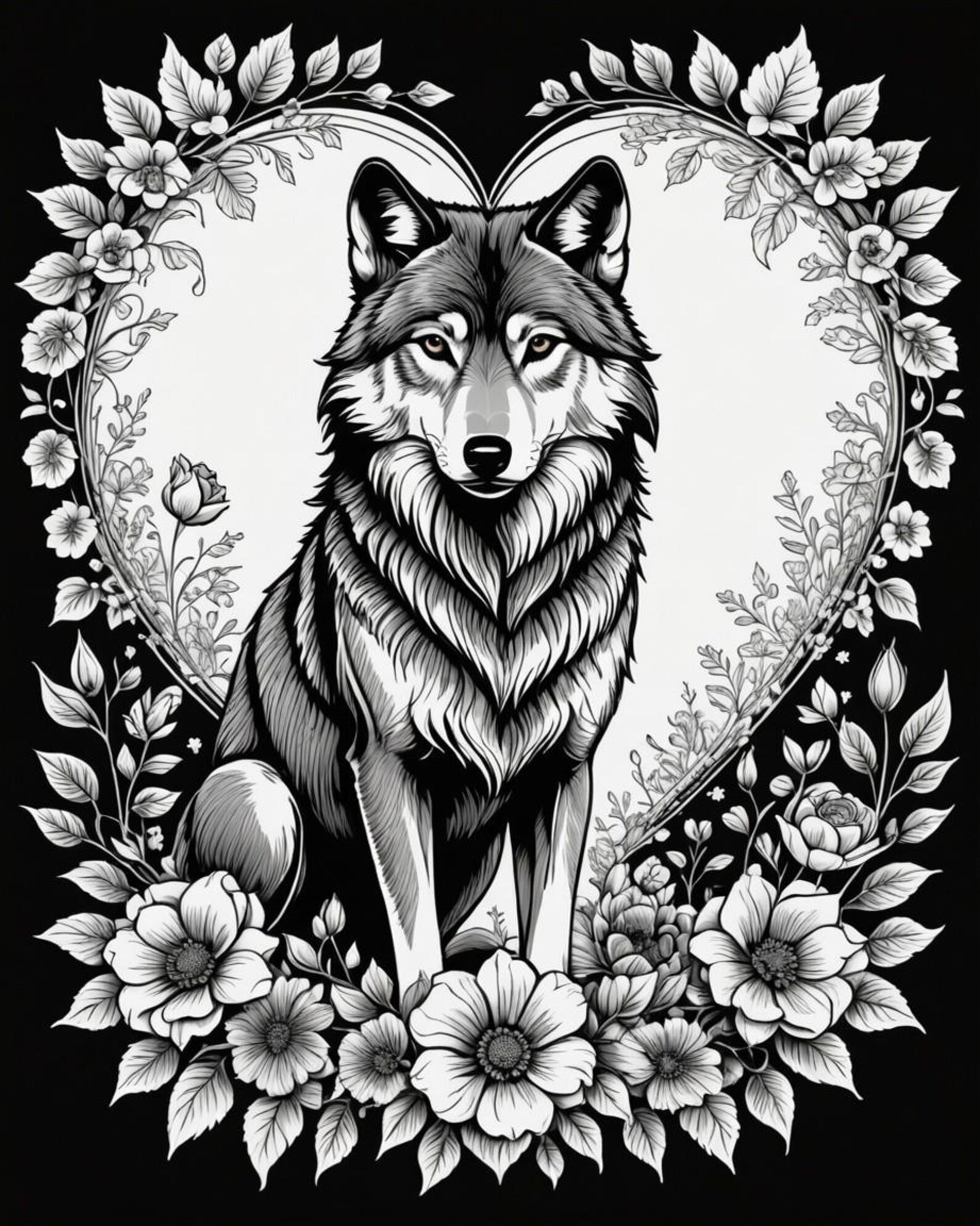 Wolf in Heart Flowers - Etsy