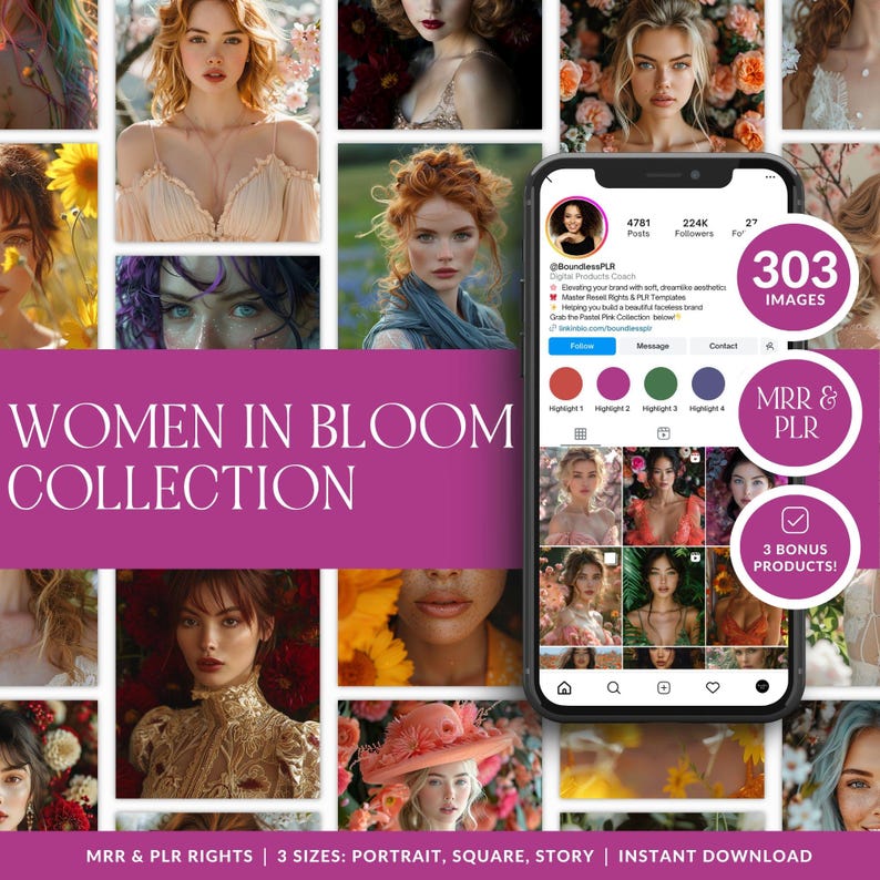 Feminine AI Stock Images Bundle, Women in Bloom Floral Portraits, Canva ...
